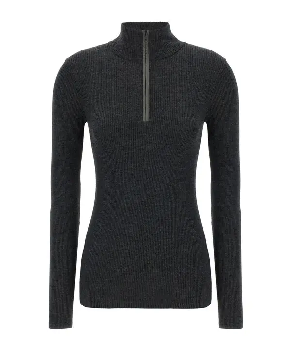 Brunello Cucinelli Ribbed Knit High Neck Top With Zip Detail - Anthracite