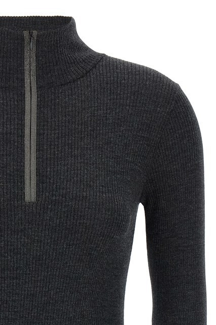 Brunello Cucinelli Ribbed Knit High Neck Top With Zip Detail - Anthracite