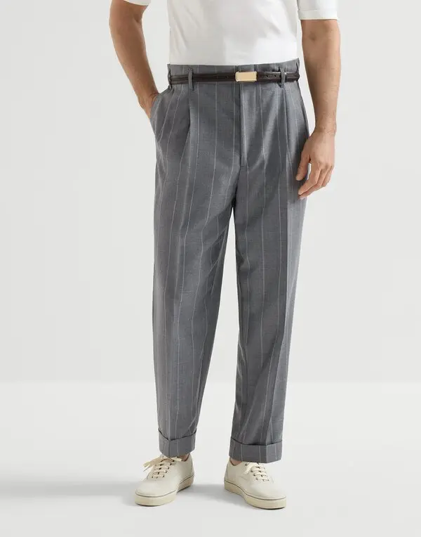 Brunello Cucinelli Virgin Wool Chalk Stripe Trousers With Double Pleats