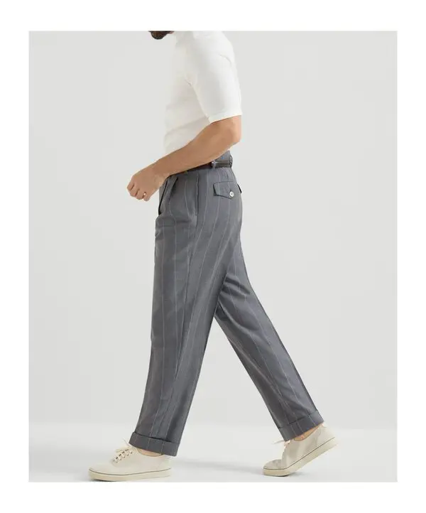 Brunello Cucinelli Virgin Wool Chalk Stripe Trousers With Double Pleats
