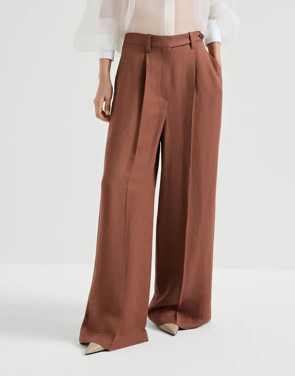 Brunello Cucinelli Viscose And Linen Fluid Twill Wide Trousers With Monili - Brown