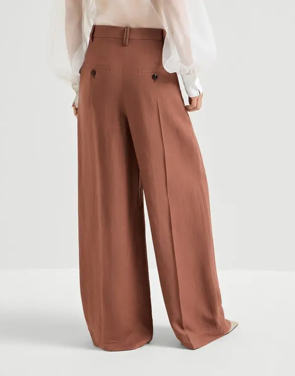 Brunello Cucinelli Viscose And Linen Fluid Twill Wide Trousers With Monili - Brown
