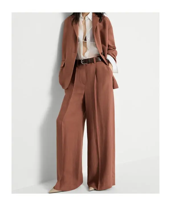 Brunello Cucinelli Viscose And Linen Fluid Twill Wide Trousers With Monili - Brown