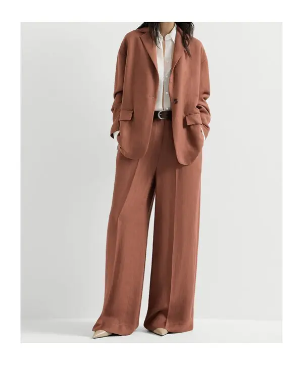 Brunello Cucinelli Viscose And Linen Fluid Twill Wide Trousers With Monili - Brown