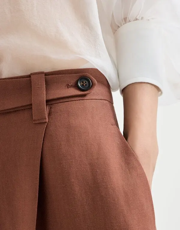 Brunello Cucinelli Viscose And Linen Fluid Twill Wide Trousers With Monili - Brown