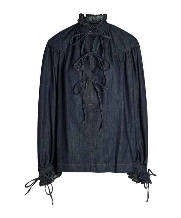 Dries Van Noten Denim Blouse With Ruffle Trim And Tie Details