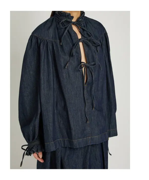 Dries Van Noten Denim Blouse With Ruffle Trim And Tie Details