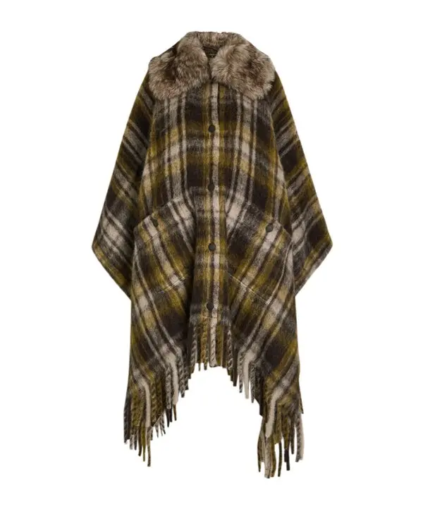 Moncler Monaco Panelled Checkered Cape With Fur Collar