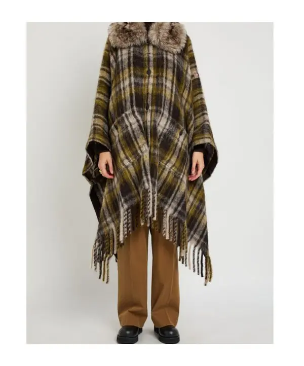 Moncler Monaco Panelled Checkered Cape With Fur Collar