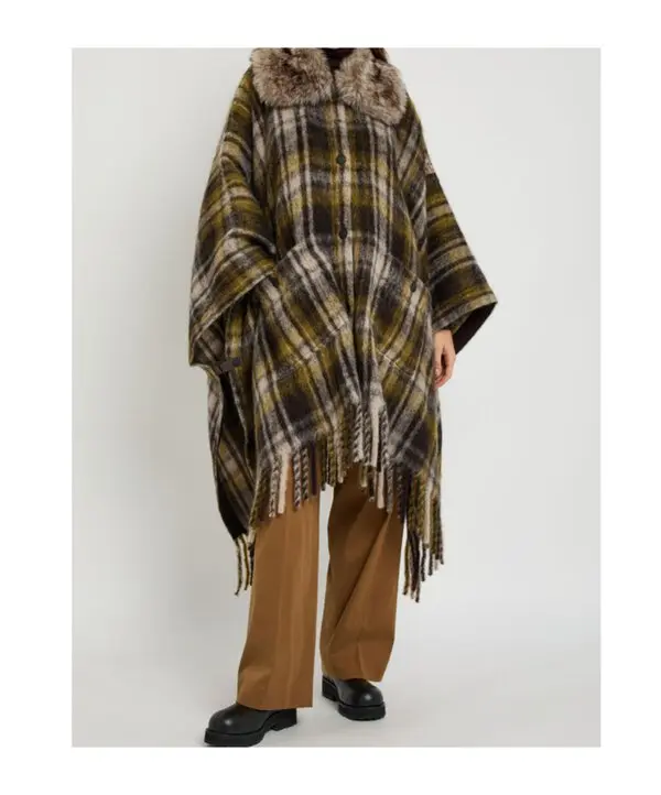 Moncler Monaco Panelled Checkered Cape With Fur Collar