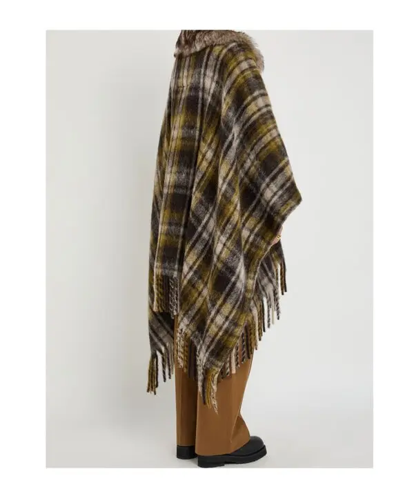 Moncler Monaco Panelled Checkered Cape With Fur Collar