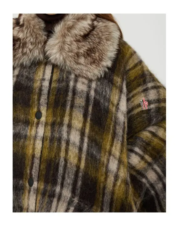 Moncler Monaco Panelled Checkered Cape With Fur Collar