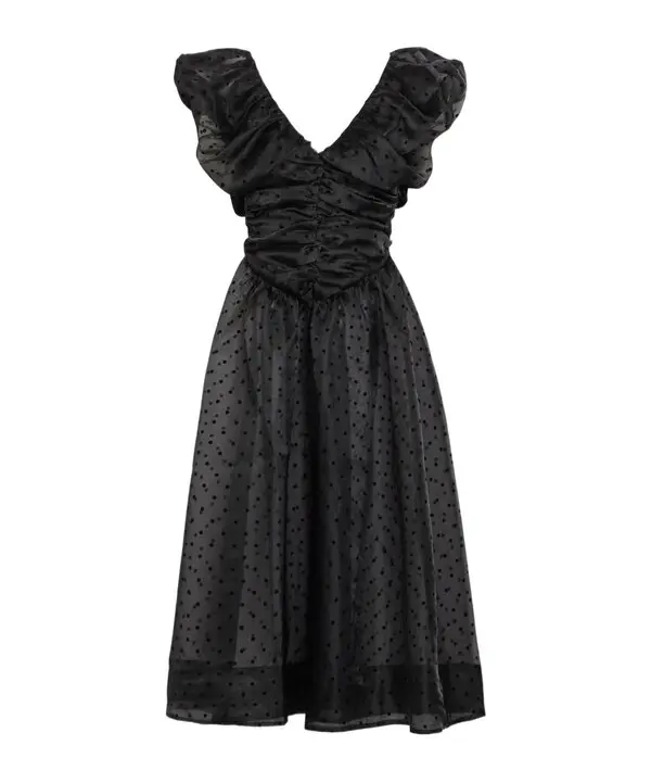 GANNI Polka-dot Ruched Organza Midi Dress - Black