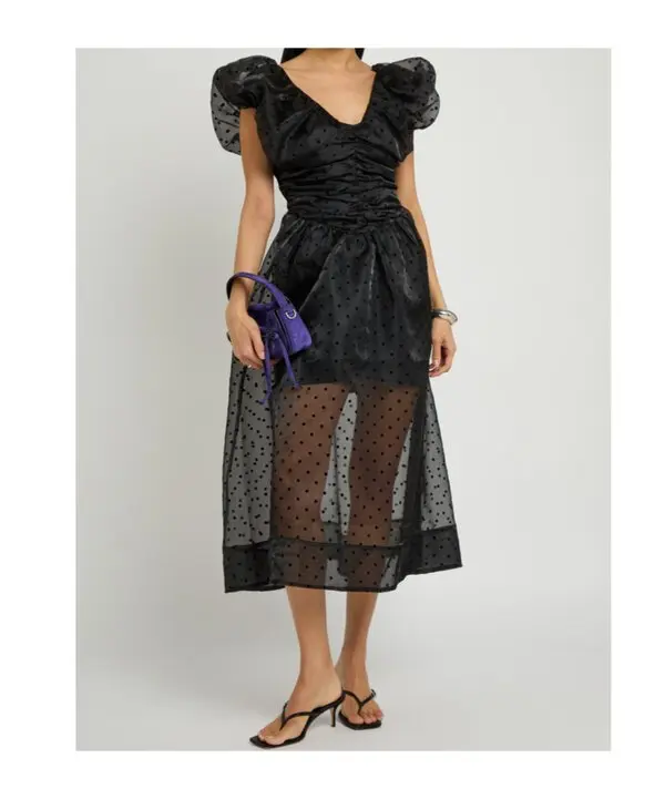 GANNI Polka Dot Ruched Organza Midi Dress