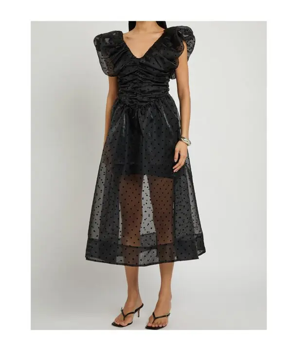 GANNI Polka Dot Ruched Organza Midi Dress