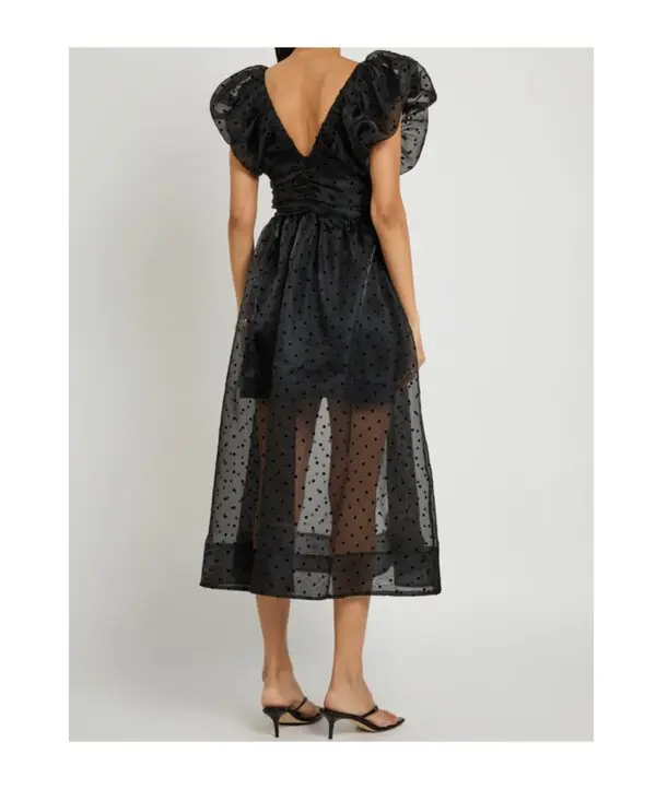 GANNI Polka Dot Ruched Organza Midi Dress