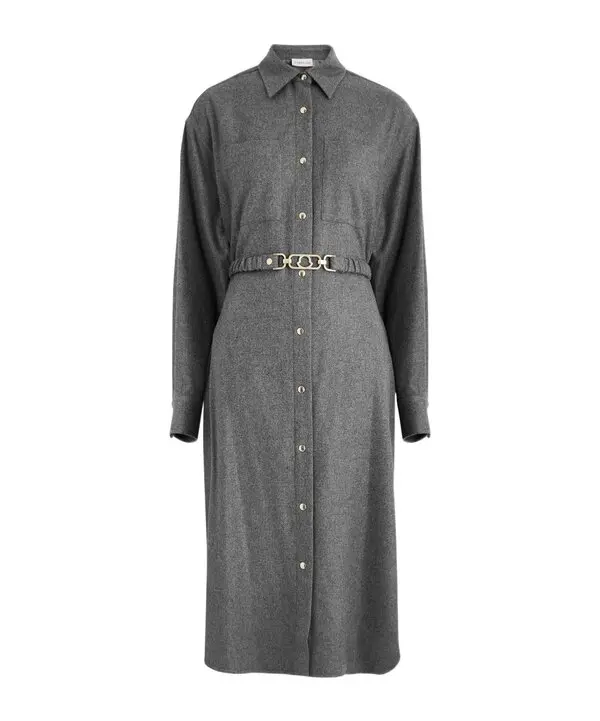 Moncler Belted Wool-blend Midi Shirt Dress With Logo Plaques - Gray