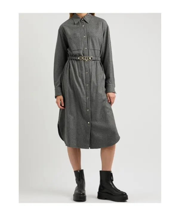 Moncler Belted Wool-blend Midi Shirt Dress With Logo Plaques