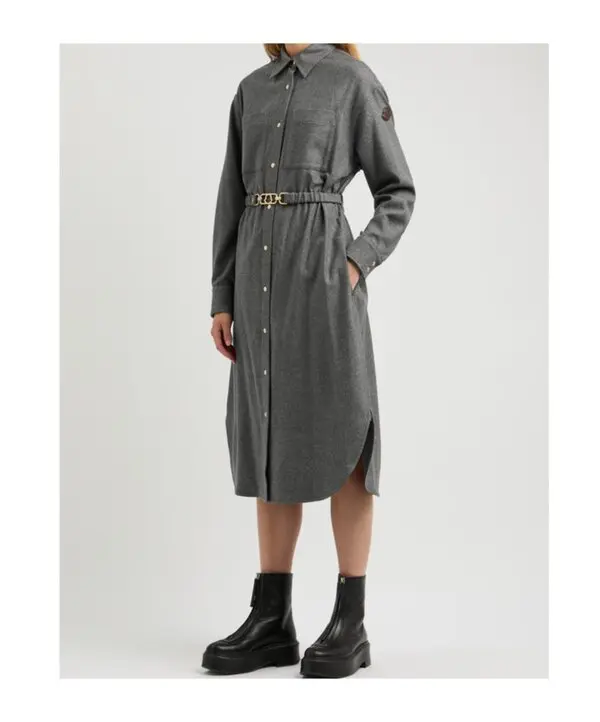 Moncler Belted Wool-blend Midi Shirt Dress With Logo Plaques
