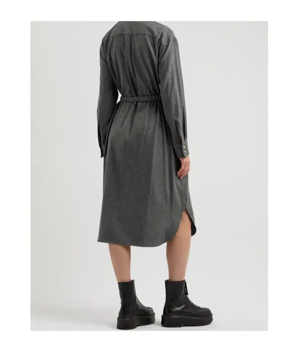 Moncler Belted Wool-blend Midi Shirt Dress With Logo Plaques