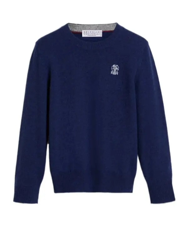 Brunello Cucinelli Embroidered-logo Cashmere Sweater - Blue