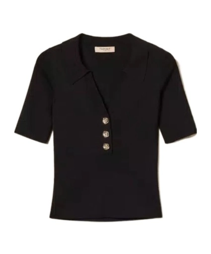 TWINSET Embellished Button Polo Shirt - Black