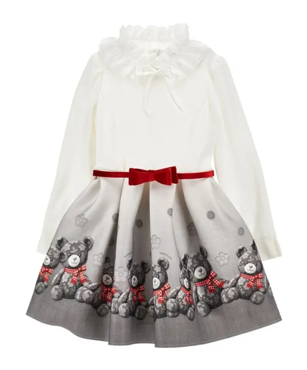 Monnalisa Long Sleeve Ruffle High Neck Dress With Bear Print