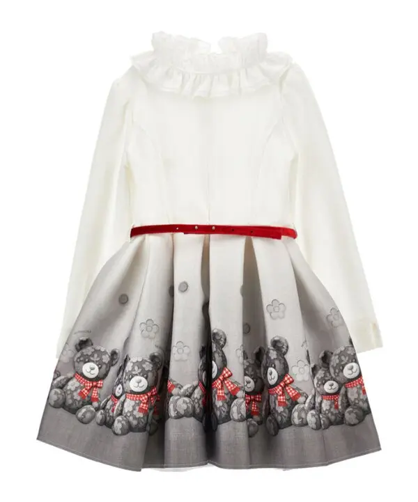 Monnalisa Long Sleeve Ruffle High Neck Dress With Bear Print