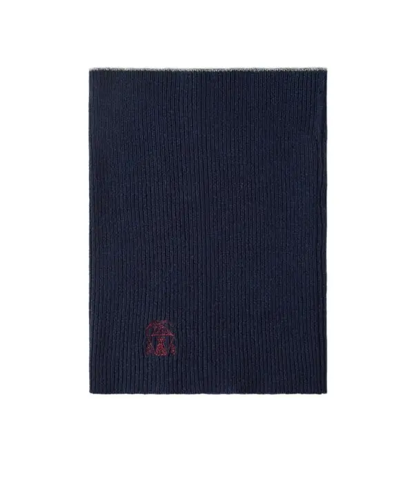 Brunello Cucinelli Logo Embroidered Cashmere Scarf - Navy Blue