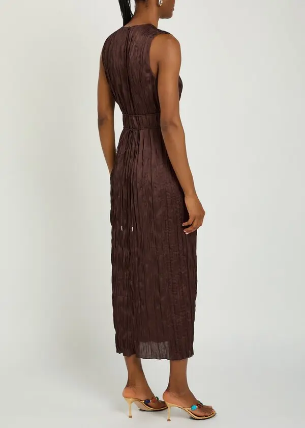 Staud Belted Plissé Midi Dress - Black