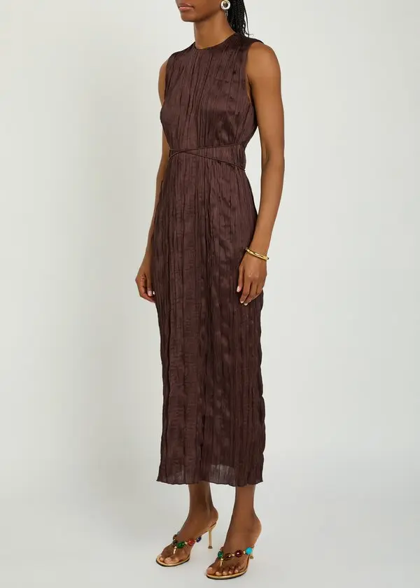 Staud Belted Plissé Midi Dress - Black