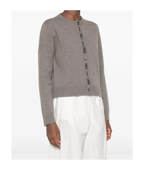 Fabiana Filippi Crew Neck Long Sleeve Embellished Knit Top - Gray