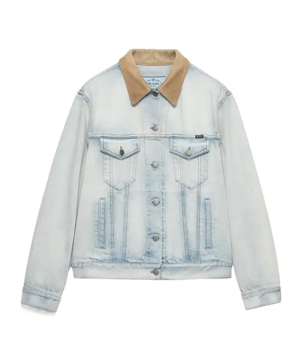 Prada Denim Blouson Jacket With Leather Collar