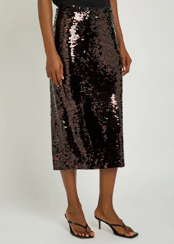 Staud Ciara Sequin-embellished Mesh Midi Skirt - Black