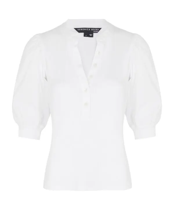 Veronica Beard Coralee Ribbed Stretch-cotton Top With Balloon Sleeves - White