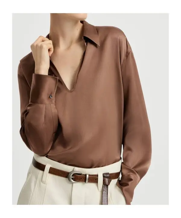 Brunello Cucinelli Silk Satin V-neck Blouse