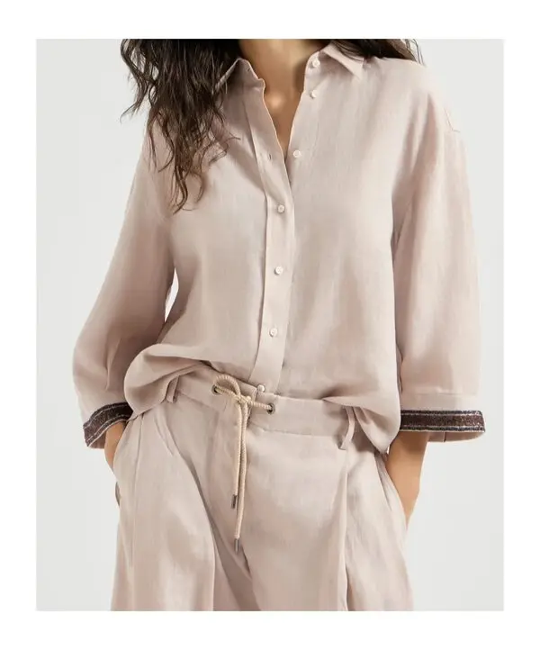 Brunello Cucinelli Linen Shirt With Embellished Cuffs - Yuta