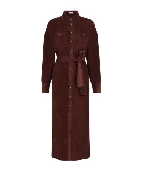 Brunello Cucinelli Fluid Corduroy Belted Shirt Dress