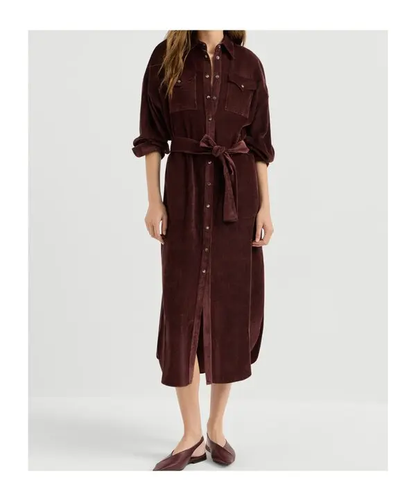 Brunello Cucinelli Fluid Corduroy Belted Shirt Dress