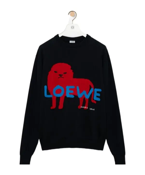 Loewe Crew Neck Lion Intarsia Sweater - Black
