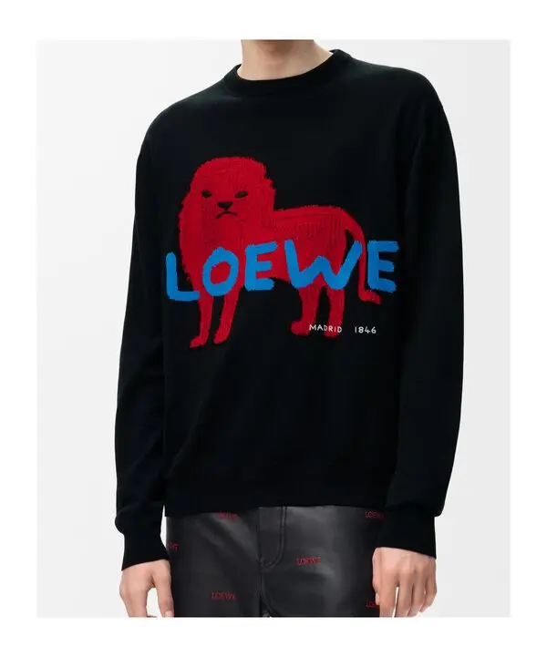 Loewe Crew Neck Lion Intarsia Sweater - Black