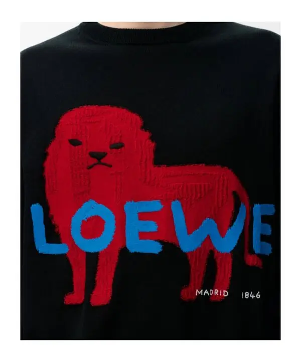 Loewe Crew Neck Lion Intarsia Sweater - Black