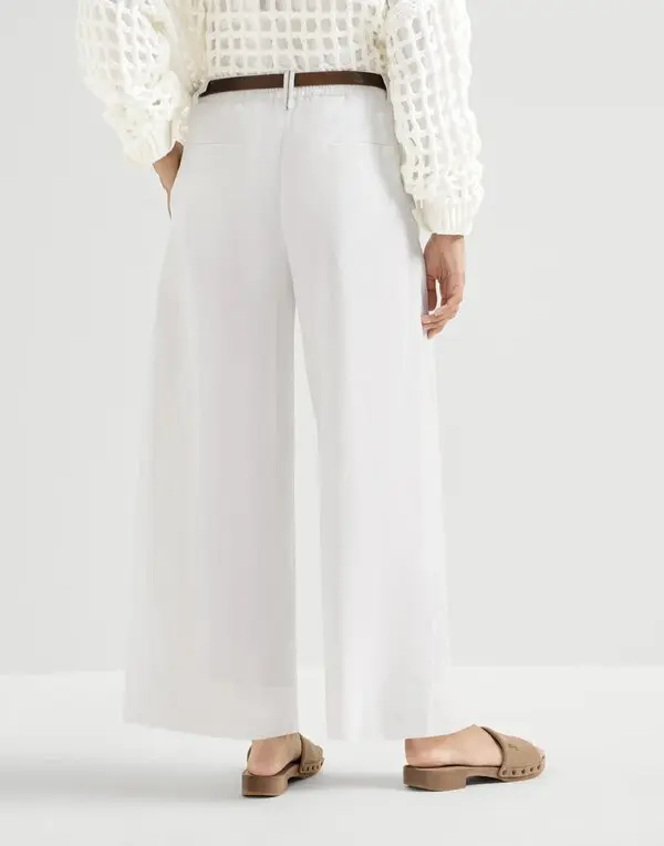 Brunello Cucinelli Cotton Organza Boxy Pleated Trousers With Monili - White