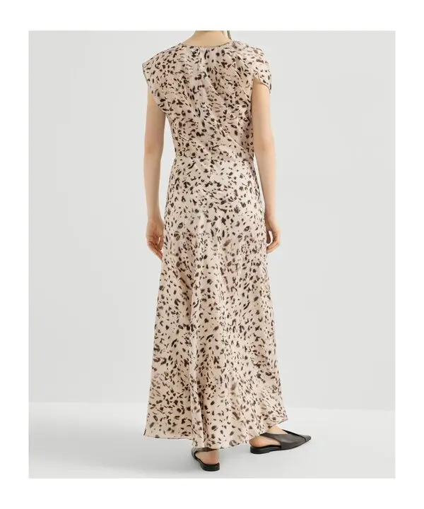 Brunello Cucinelli Lynx-print Silk Pongee Draped Dress With Monili
