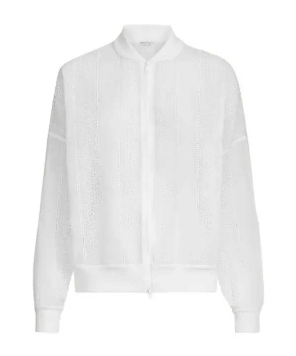 Brunello Cucinelli Cotton Organza Broderie Anglaise Bomber Jacket With Zip And Monili - White