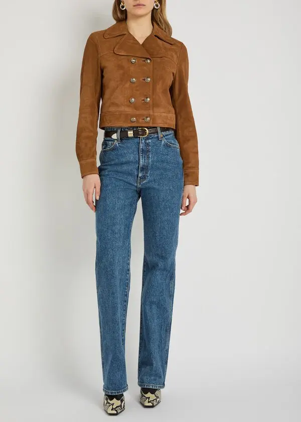 NILI LOTAN Cassidy Cropped Suede Double-breasted Jacket - Brown