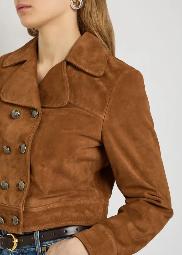 NILI LOTAN Cassidy Cropped Suede Double-breasted Jacket - Brown