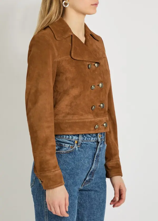 NILI LOTAN Cassidy Cropped Suede Double-breasted Jacket - Brown