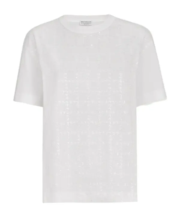 Brunello Cucinelli Cotton Jersey T-shirt With Dazzling Windowpane Embroidery