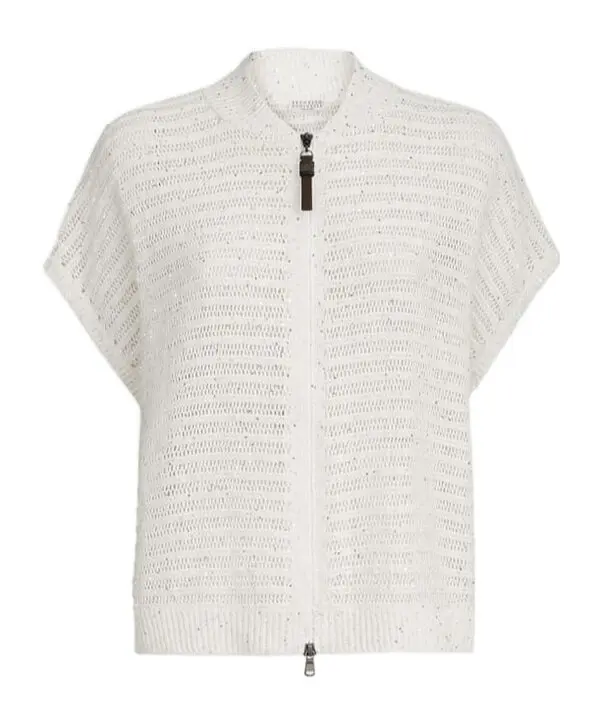 Brunello Cucinelli Linen Diamond Yarn Cardigan With Openwork Stripes And Shiny Zipper Pull - White